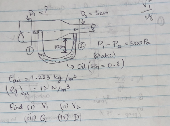 Solved P1-P2=500Pa ﻿tatic Find(i) V1(ii) V2(iii) Q(iv) D1 | Chegg.com
