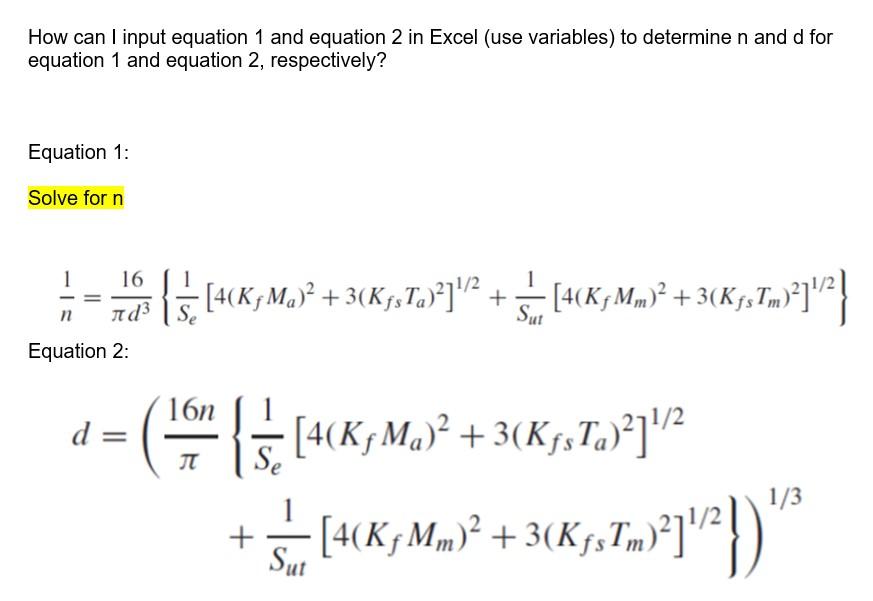 How can I input equation 1 and equation 2 in Excel | Chegg.com
