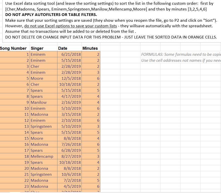 Solved Use Excel Data Sorting Tool And Leave The Sorting