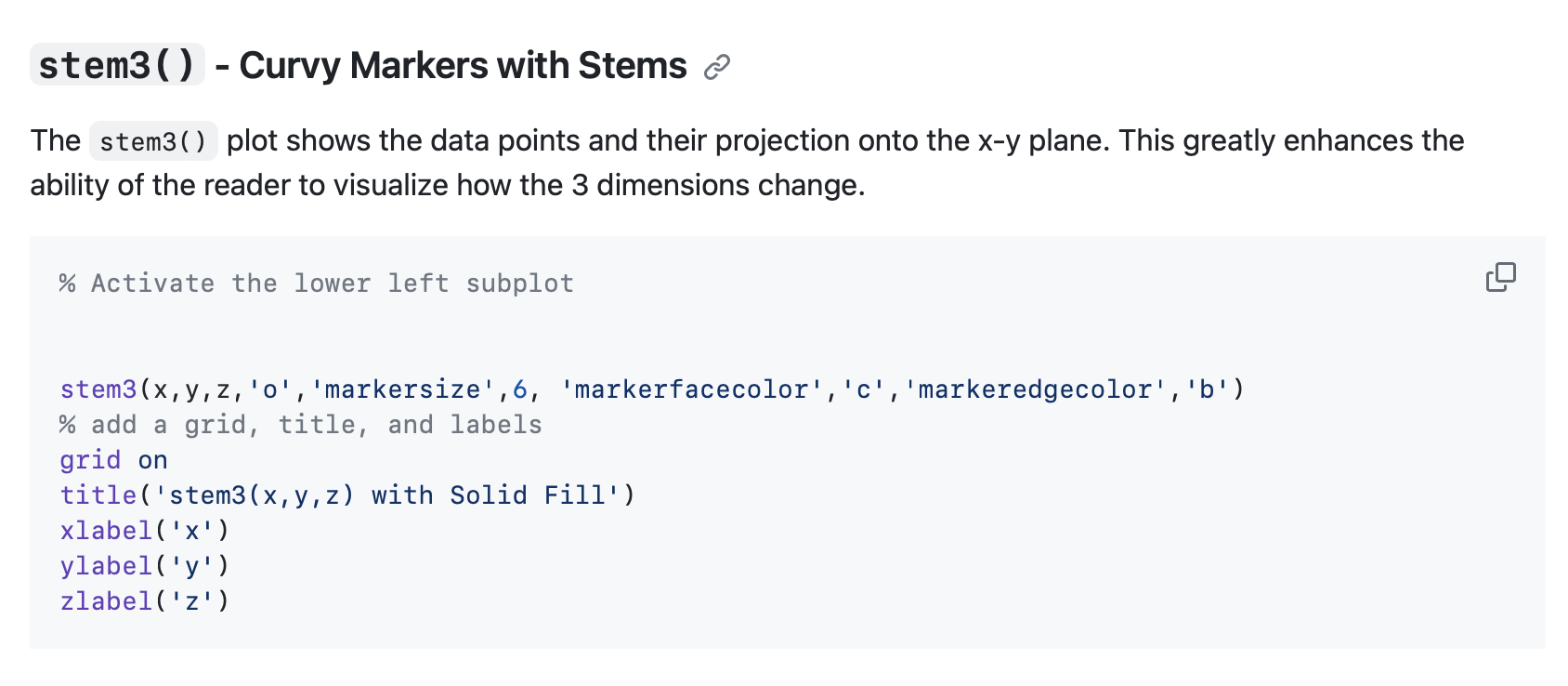 Solved stem3() - Curvy Markers with Stems Q The plot shows | Chegg.com