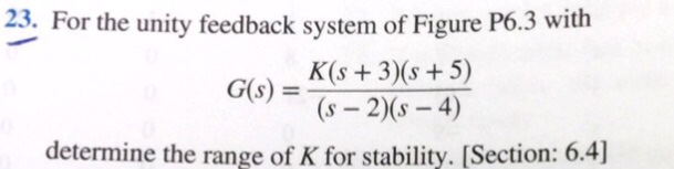 Solved 23. For the unity feedback system of Figure P6.3 with | Chegg.com