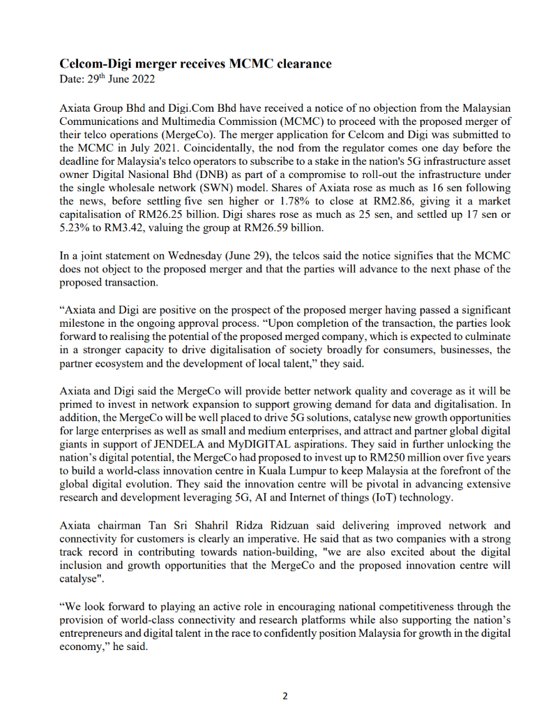 Solved Celcom-Digi merger receives MCMC clearance Date: 29th | Chegg.com