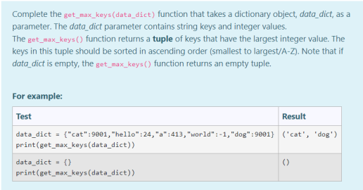 Solved Complete the get_max_keys (data_dict) function that | Chegg.com