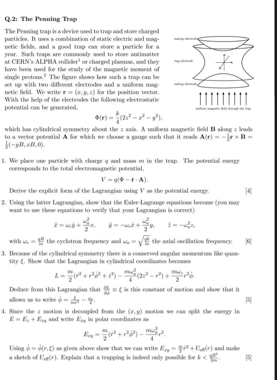 Q.2: The Penning Trap endcap electrode ring electrode | Chegg.com