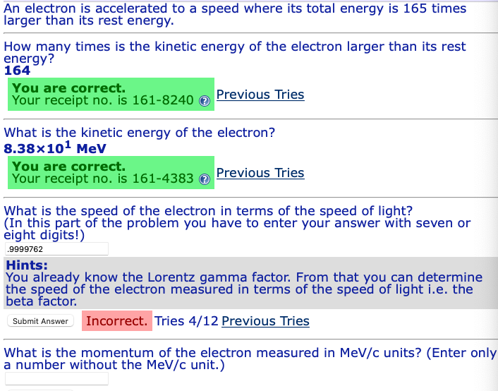 Solved An Electron Is Accelerated To A Speed Where Its Total