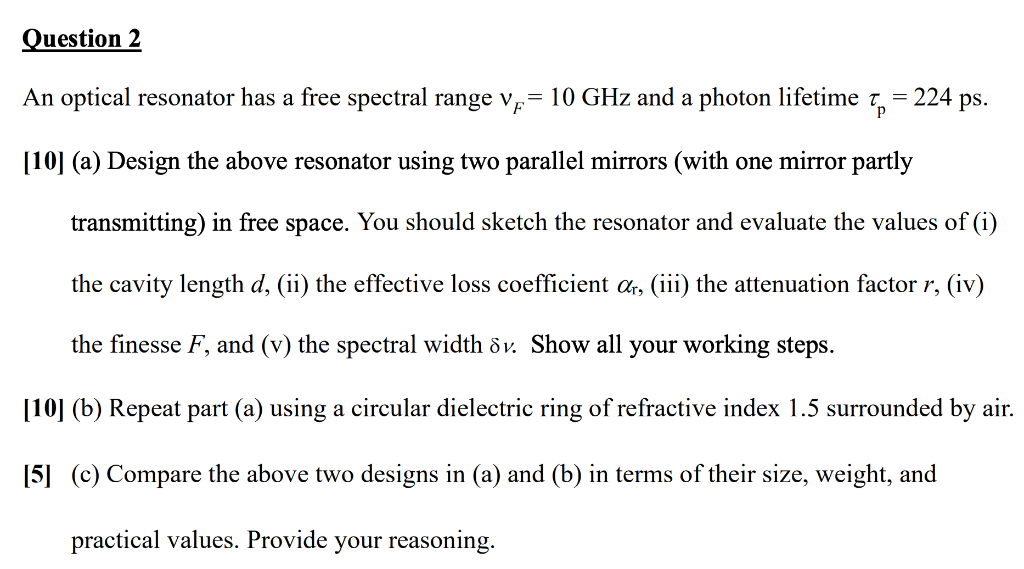 Question 2 An optical resonator has a free spectral | Chegg.com