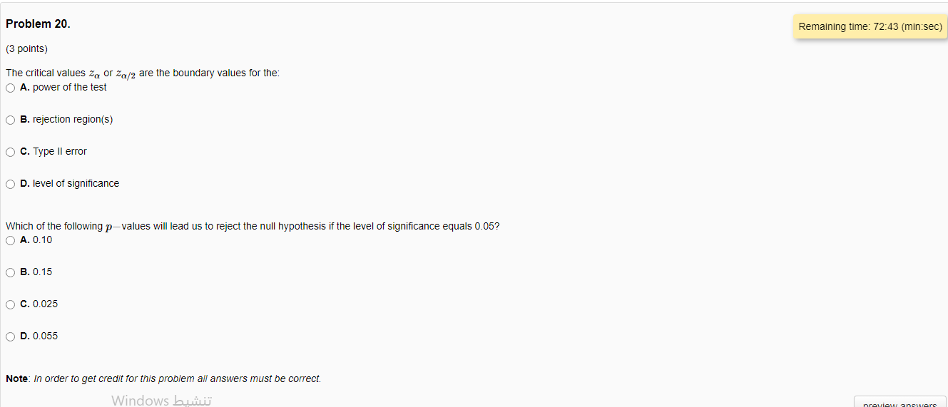 Solved Problem 20. Remaining time: 72:43 (min:sec) (3 | Chegg.com