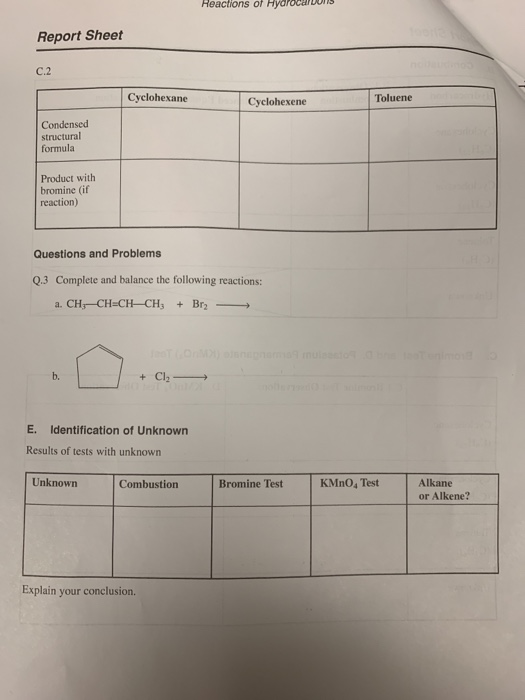 Solved Heactions of Hyarocarbon Report Sheet C.2 Cyclohexane | Chegg.com