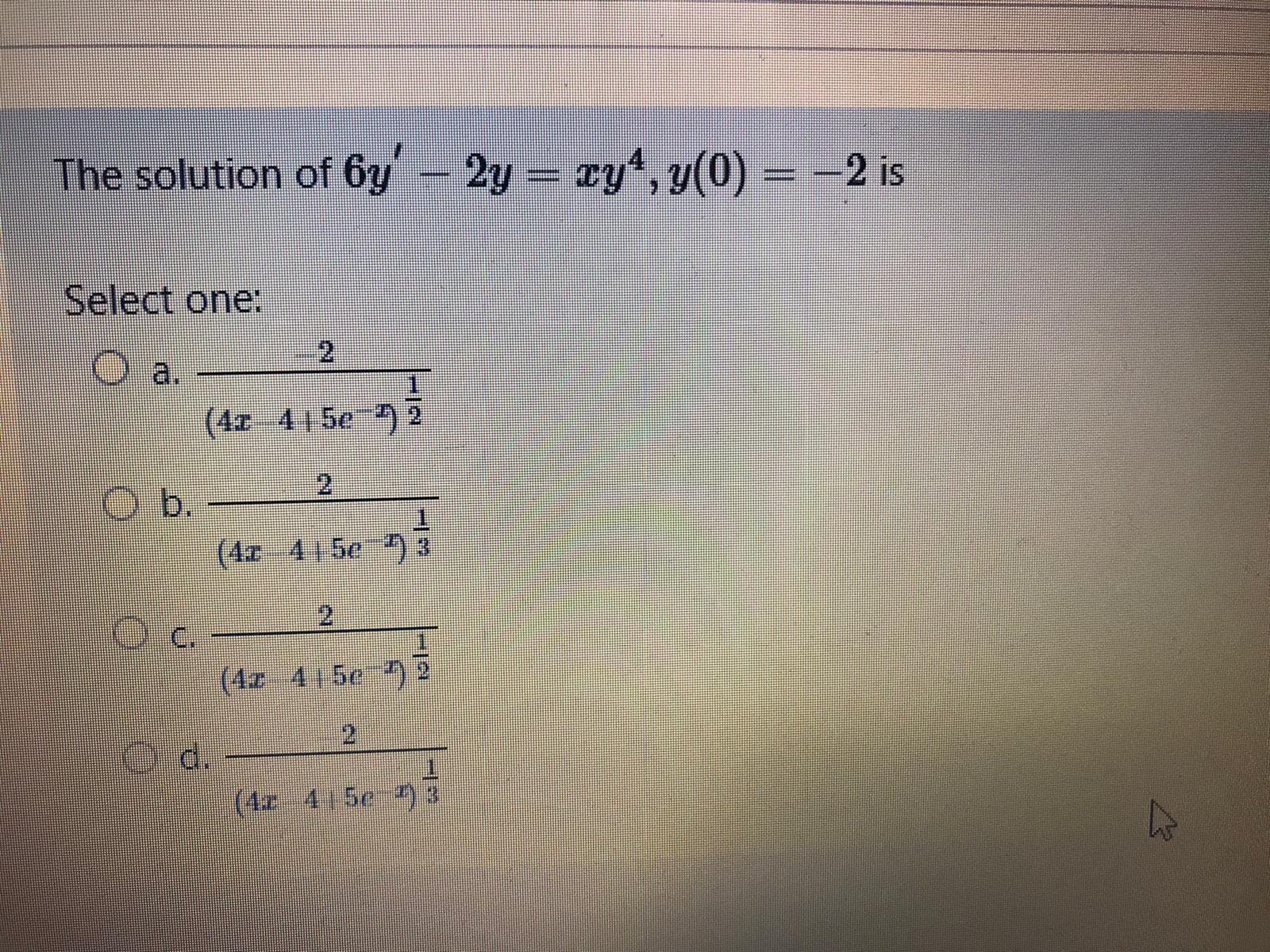 Solved The solution of 6y' – 2y = xy“. y(0) = -2 is Select | Chegg.com