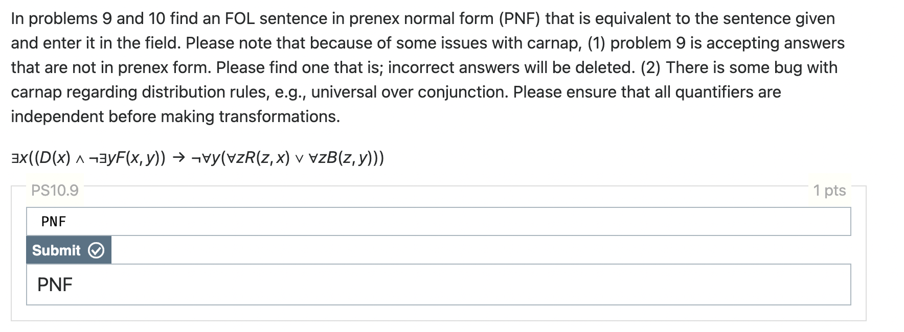 Solved In problems 9 and 10 find an FOL sentence in prenex | Chegg.com