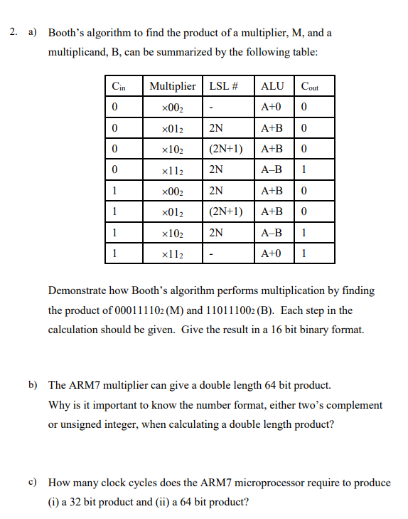 2. a) Booth's algorithm to find the product of a | Chegg.com