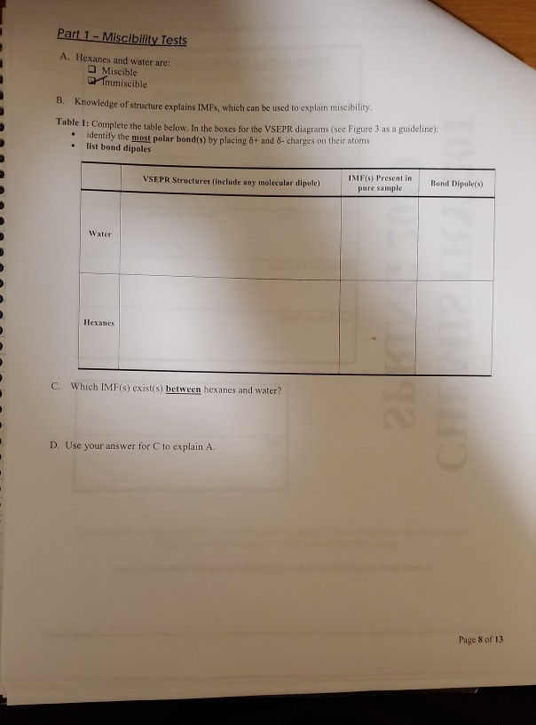 Solved Part 1 - Miscibility Tests A. Hexanes and water are: | Chegg.com