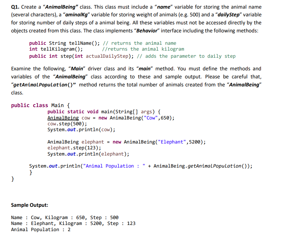 Solved Q1. Create a "AnimalBeing" class. This class must | Chegg.com