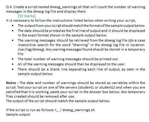 Solved Q4. Create a script named dmesg_warnings.sh that will | Chegg.com