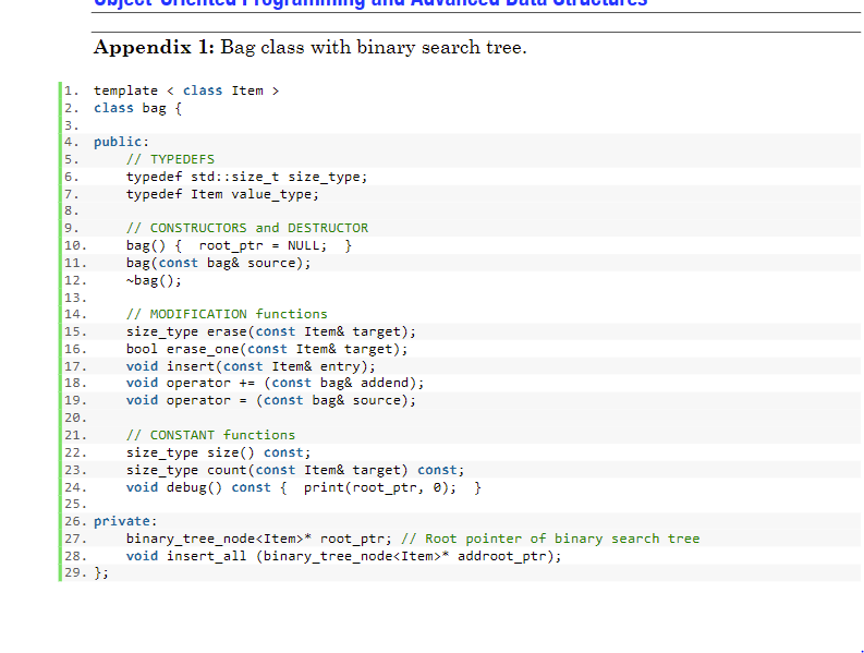 Solved 2. For the bag class defined in Appendix 1, complete | Chegg.com