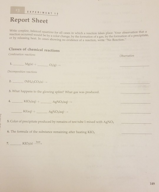 Solved 13 Report Sheet Write complete, balanced or by | Chegg.com