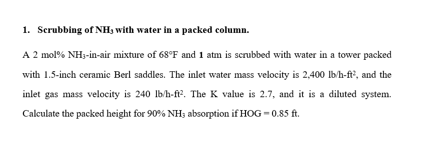 Solved 1. Scrubbing of NH3 with water in a packed column. A | Chegg.com