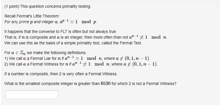 Solved (1 point) This question concerns primality testing. | Chegg.com