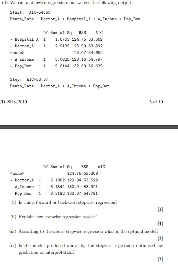 Solved (d) We run a stepwise regression and we get the | Chegg.com