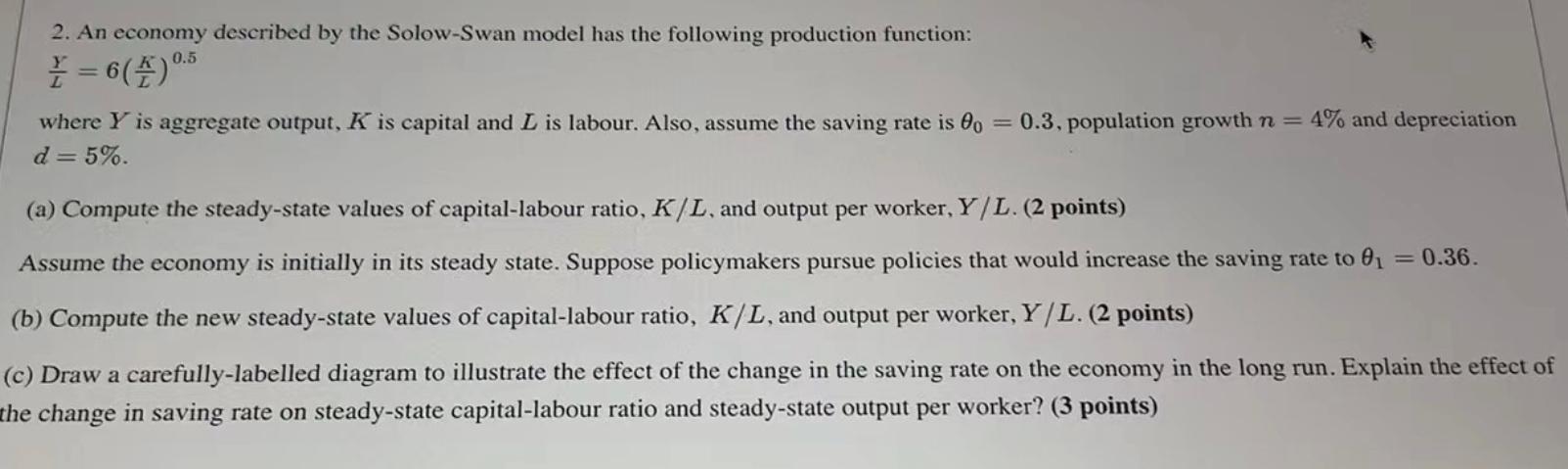 Solved 2. An economy described by the Solow-Swan model has | Chegg.com