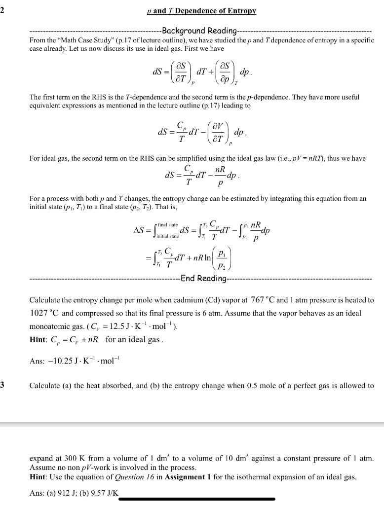 Solved p and T Dependence of Entropv Background Reading From | Chegg.com