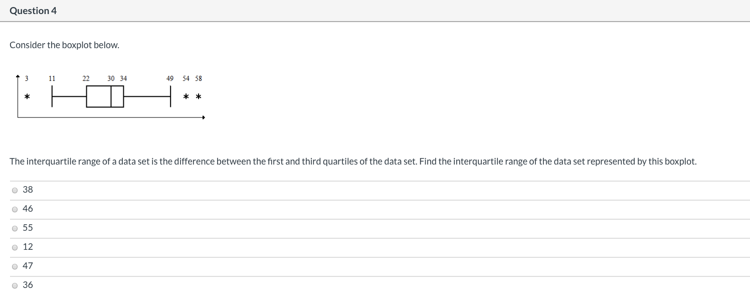Solved Question 4 Consider the boxplot below. 11 22 30 34 49 | Chegg.com