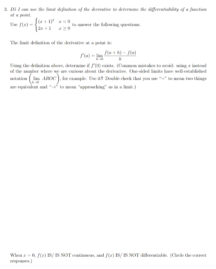 Solved 3. D5 I can use the limit definition of the | Chegg.com