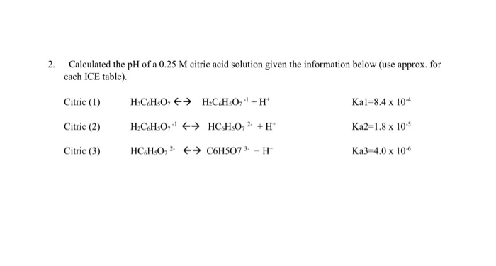 Solved 2. Calculated the pH of a 0.25 M citric acid solution | Chegg.com