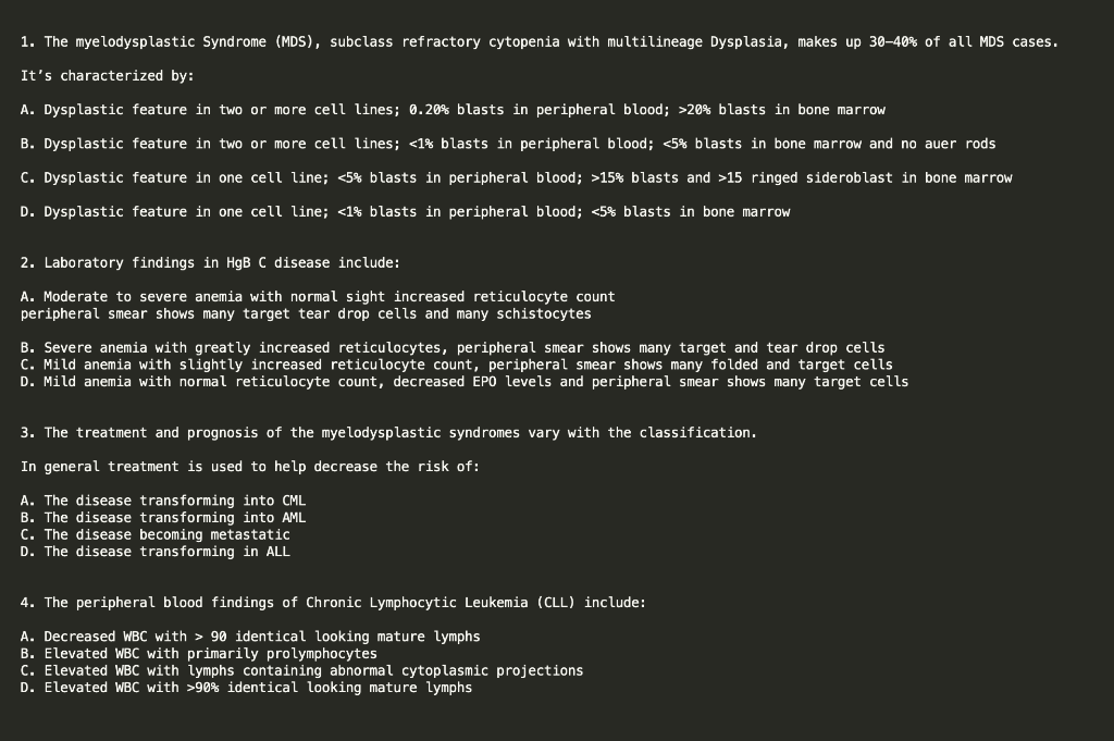 Solved 1. The myelodysplastic Syndrome (MDS), subclass | Chegg.com