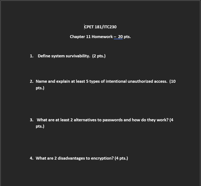 Solved 1. Define system survivability. (2 pts.) 2. Name and | Chegg.com