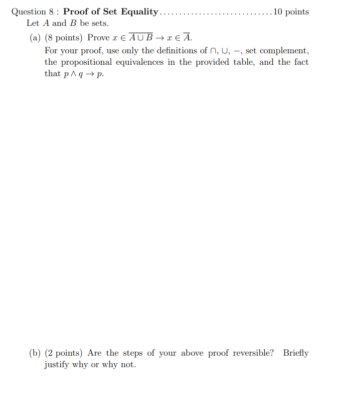 Solved Question 8: Proof of Set Equality. . 10 points Let A | Chegg.com