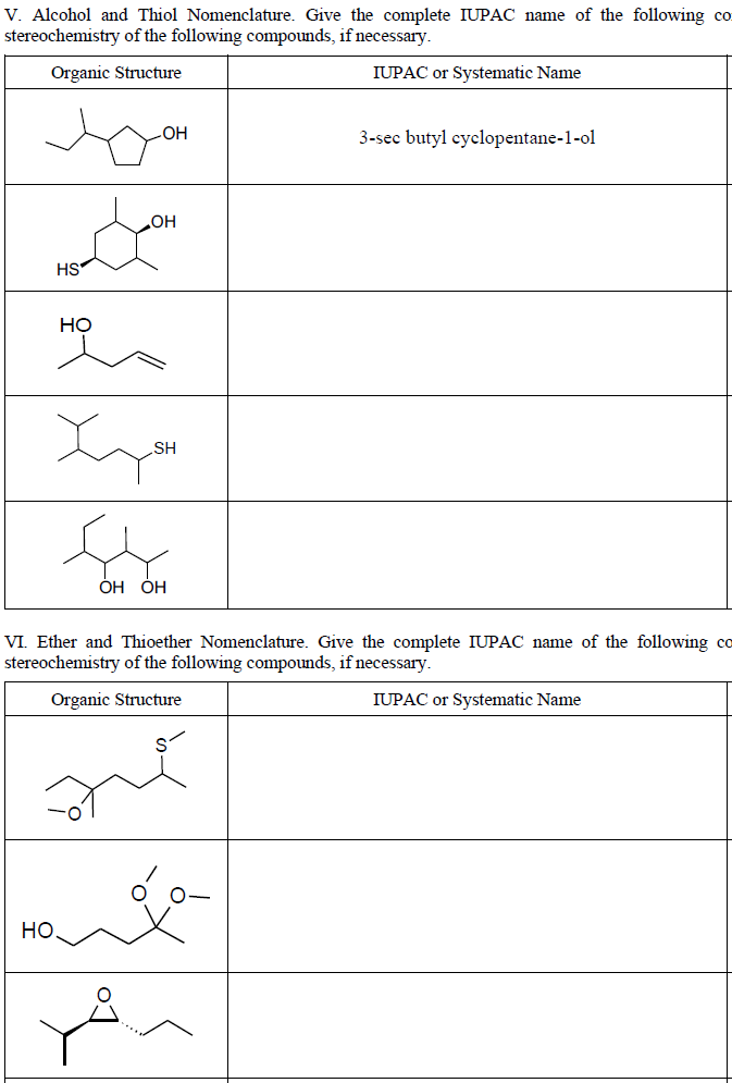 Solved V. Alcohol and Thiol Nomenclature. Give the complete | Chegg.com