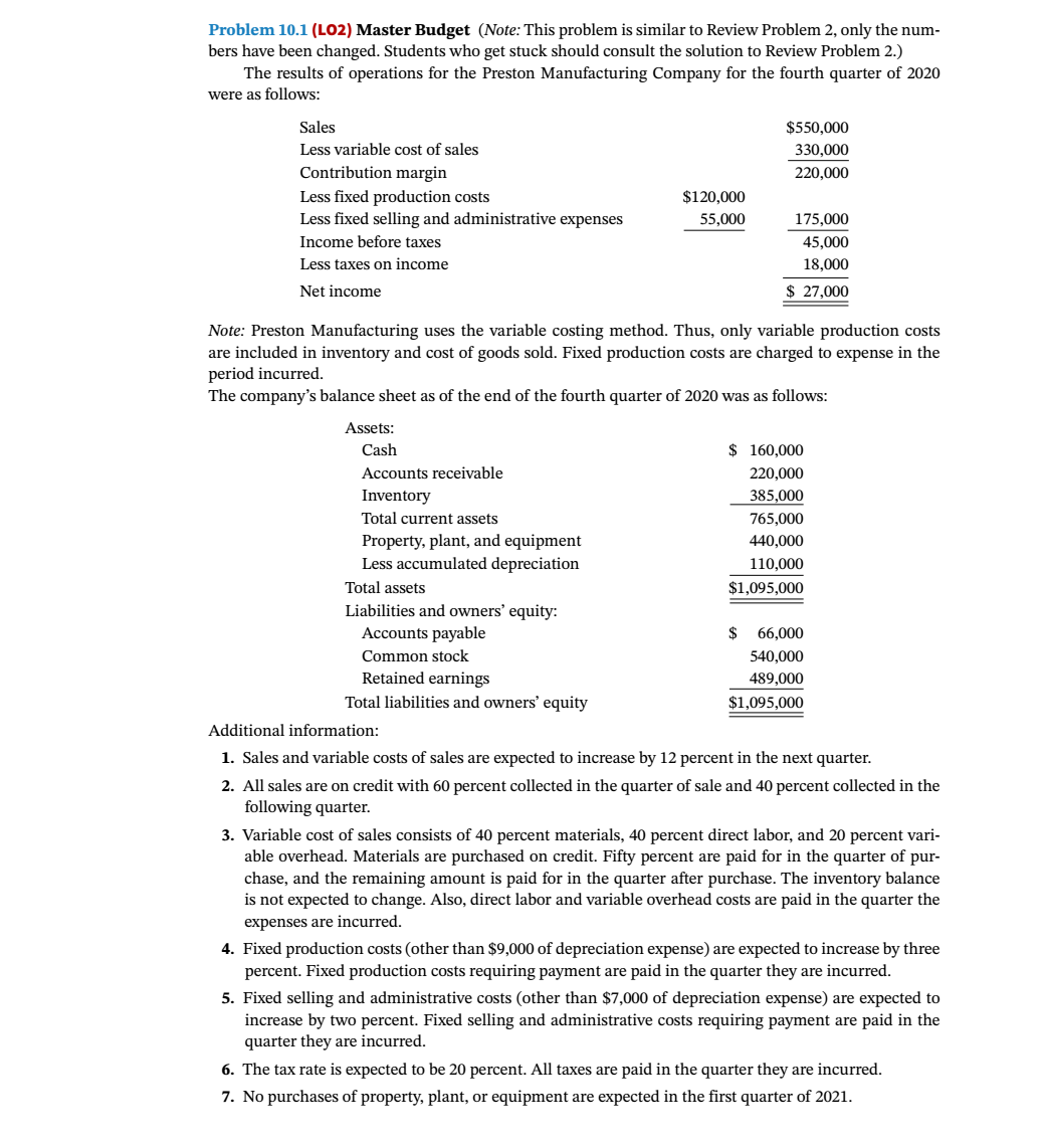 Solved Problem 101 Lo2 Master Budget Note This Problem 0223