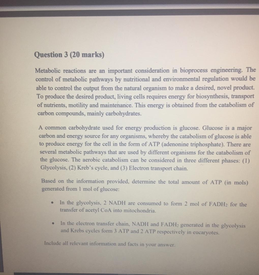 Question 3 (20 marks) Metabolic reactions are an | Chegg.com