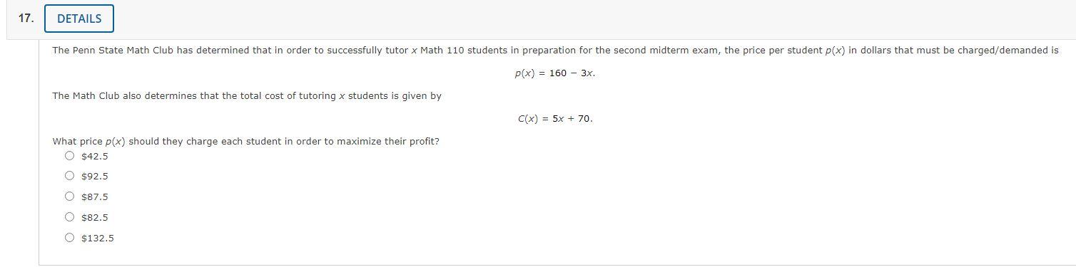Solved 17. DETAILS The Penn State Math Club has determined | Chegg.com