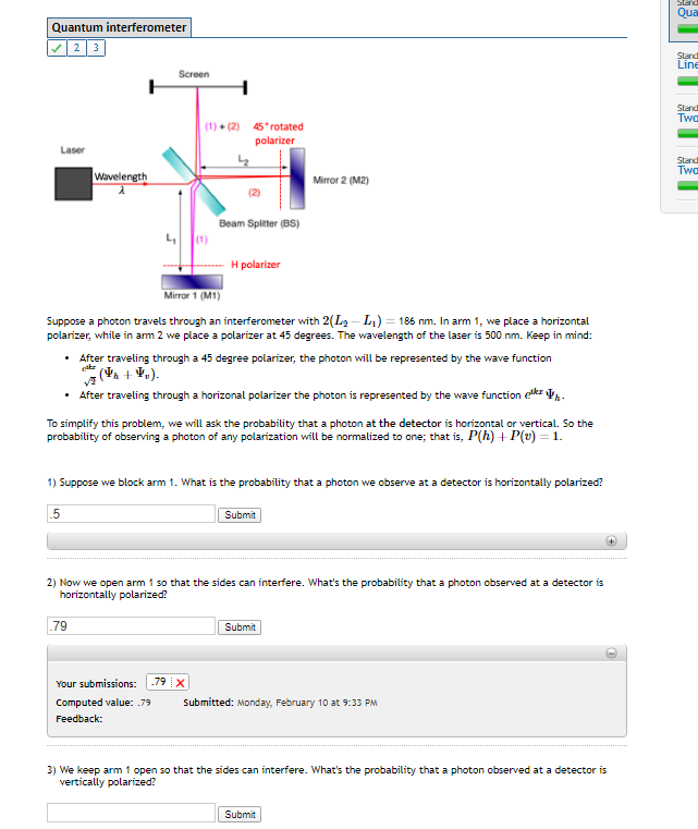 Solved Quantum interferometer 23 Screen (1) + (2) 45° | Chegg.com
