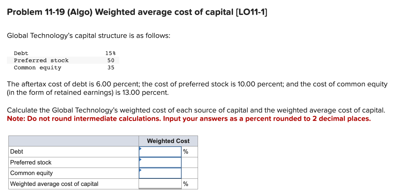 Solved Problem 11-19 (Algo) Weighted average cost of capital | Chegg.com