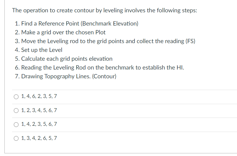 Solved The operation to create contour by leveling involves | Chegg.com