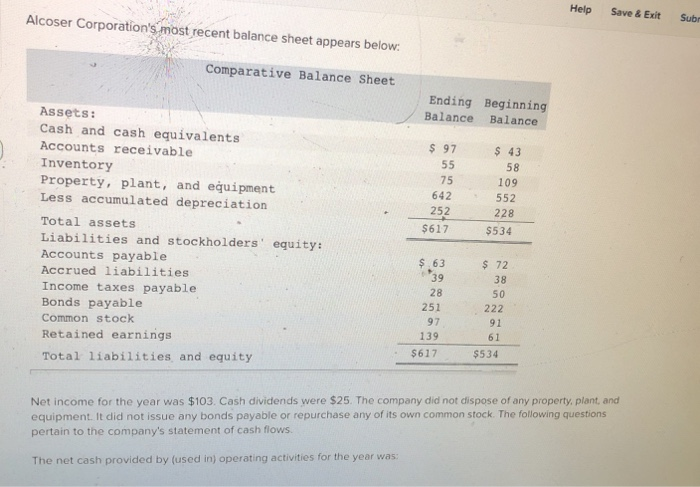 Solved Help Save & Exit Subr Alcoser Corporation's most | Chegg.com