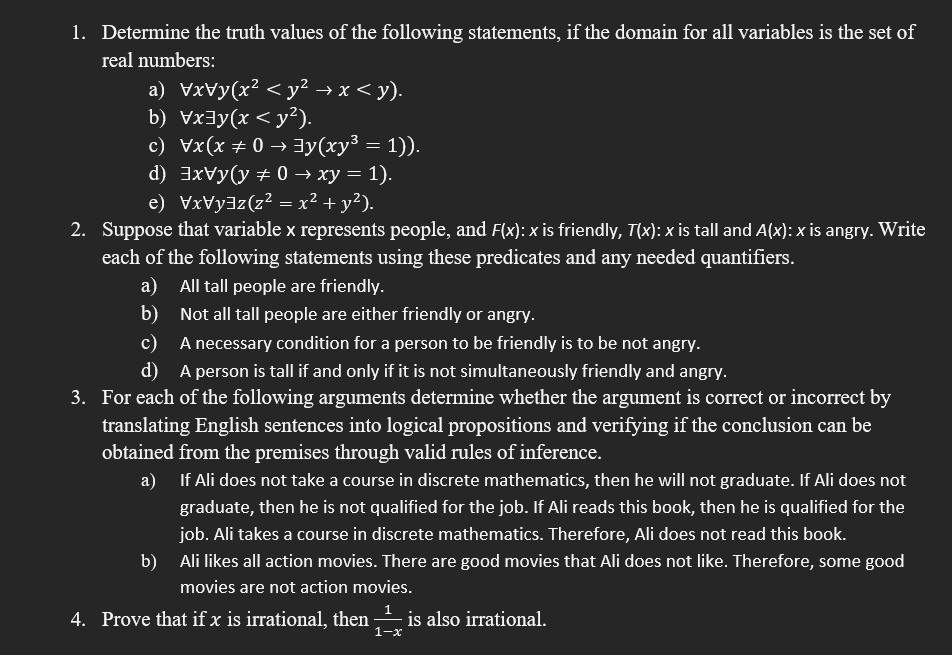 Solved 1. Determine the truth values of the following | Chegg.com