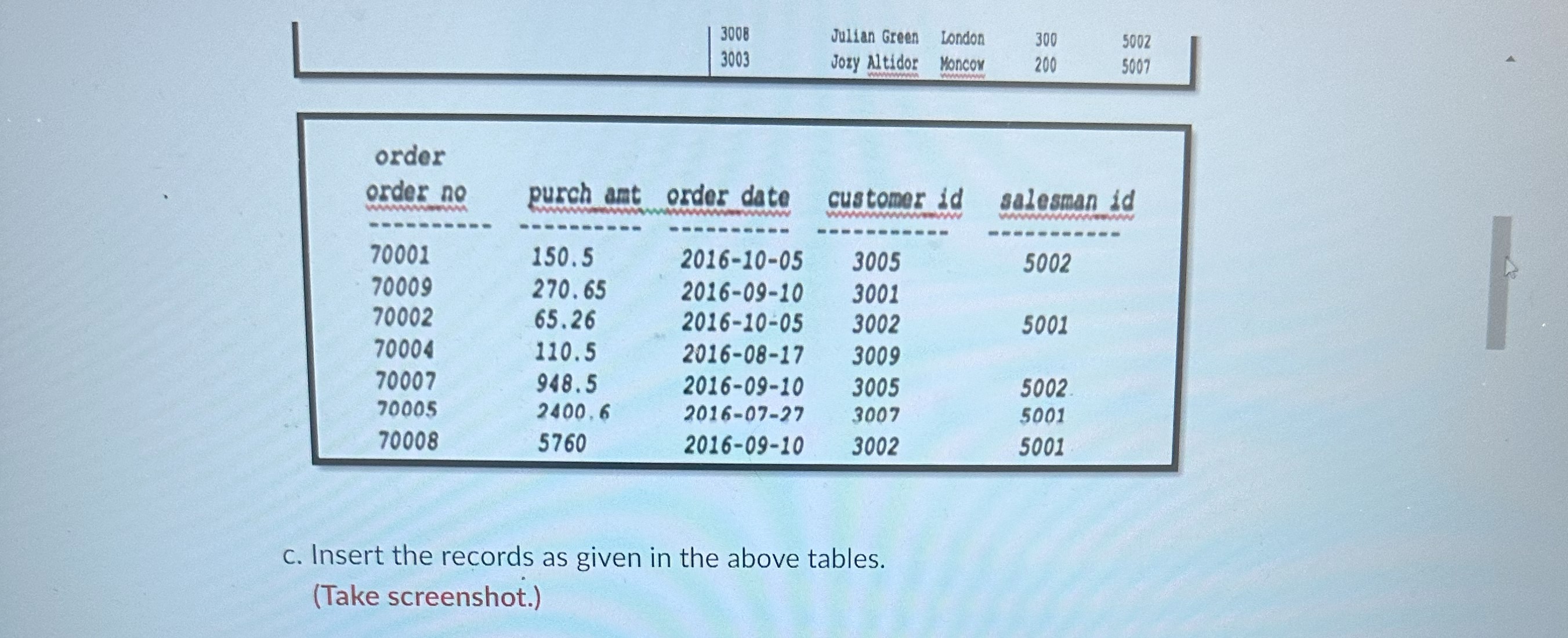 Solved c. Insert the records as given in the above tables. | Chegg.com