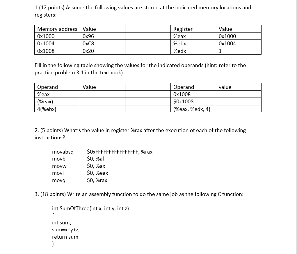 Solved 1.(12 points) Assume the following values are stored | Chegg.com