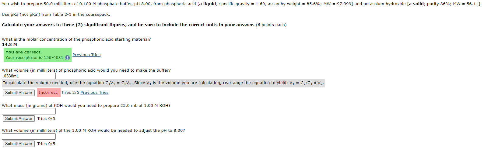 Solved Use pKa (not pKa') from Table 2-1 in the coursepack. | Chegg.com