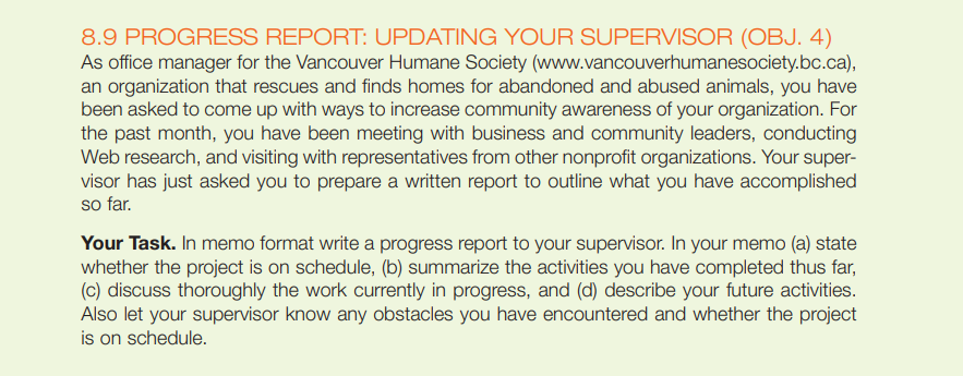 Solved 8.9 PROGRESS REPORT: UPDATING YOUR SUPERVISOR (OBJ. | Chegg.com