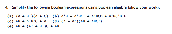 Solved 4. Simplify the following Boolean expressions using | Chegg.com