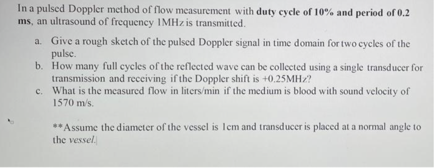 Solved In a pulsed Doppler method of flow measurement with | Chegg.com