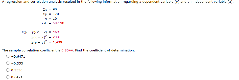 Solved A regression and correlation analysis resulted in the | Chegg.com