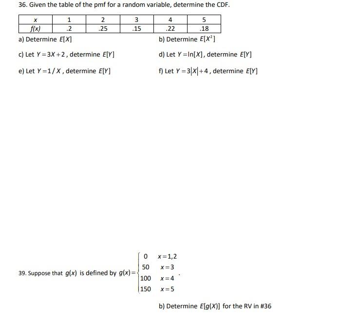 Solved 36. Given the table of the pmf for a random variable, | Chegg.com
