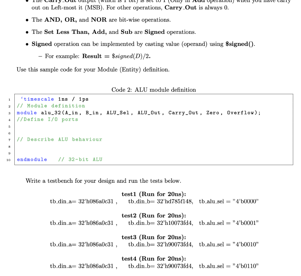 3 Design a 32-bit ALU The arithmetic logic unit (ALU) | Chegg.com