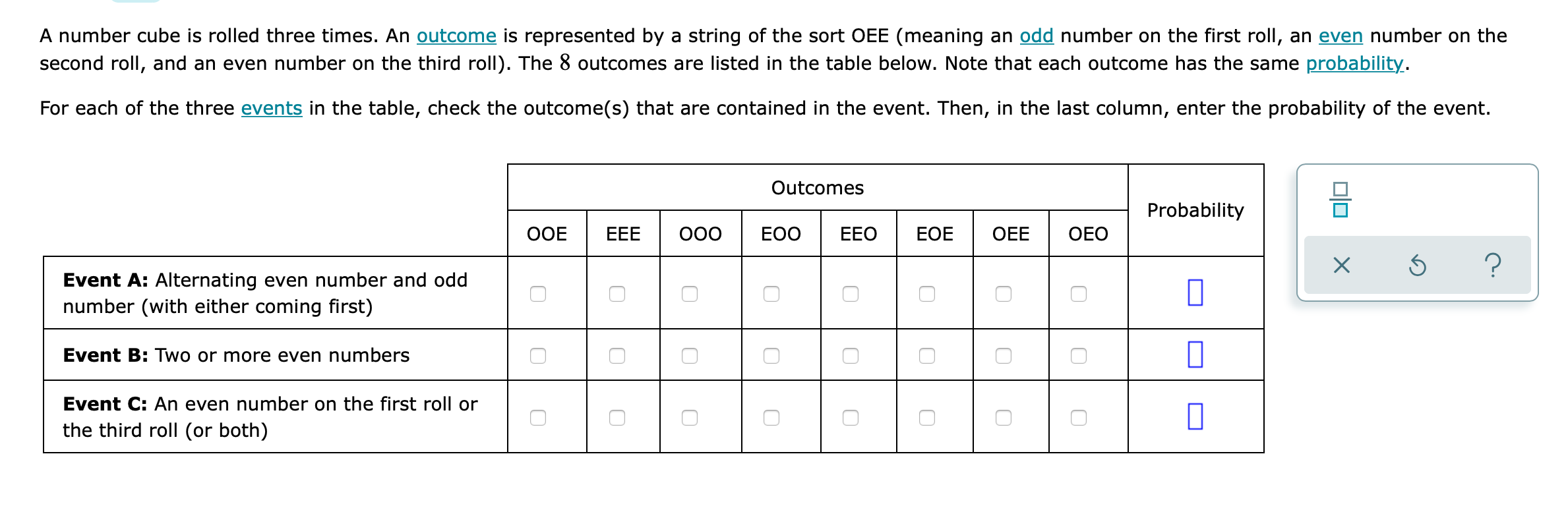 Solved A number cube is rolled three times. An outcome is | Chegg.com